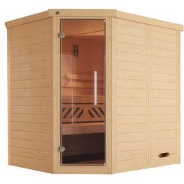 Weka Sauna "Design-Sauna KEMI" Saunen Blockbohlen, vorgefertigte Elemente, moderne Ganzglastür Gr. Saunaofen, externe Steuerung, 4,5 kW, beige (natur)