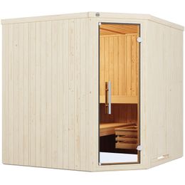 Weka Sauna "Element-Ecksauna VARBERG 3" Saunen vorgefertigte Elemente, moderne Ganzglastür Gr. Saunaofen, externe Steuerung, 7,5 kW, weiß