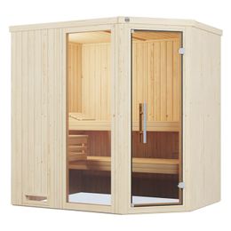 Weka Sauna "Element-Ecksauna VARBERG 1" Saunen vorgefertigte Elemente, Fensterelement, moderne Ganzglastür Gr. Saunaofen, externe Steuerung, 7,5 kW, weiß