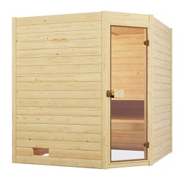 Weka Sauna "Massivholzsauna VALIDA Eck 1.8" Saunen Blockbohlen, Eckeinstieg, moderne Ganzglastür Gr. Bio-Ofen, beige (natur)