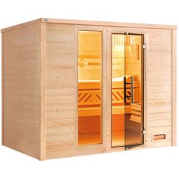 Weka Sauna "Massivholzsauna BERGEN 3" Saunen Blockbohlen, Fensterelement, moderne Ganzglastür Gr. Saunaofen, beige (natur)