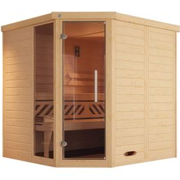 Weka Sauna "Design-Sauna KEMI Eck 1" Saunen naturbelassenes Fichtenholz, Fensterelement, moderne Glastür Gr. ohne Ofen, ohne Steuerung, beige (natur)