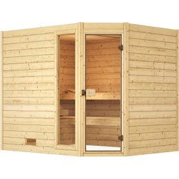 Weka Sauna "Massivholzsauna VALIDA Eck 3" Saunen Blockbohlen, Fensterlement, moderne Ganzglastür Gr. Bio-Ofen, beige (natur)