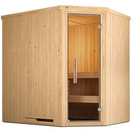 Weka Sauna "Element-Ecksauna VARBERG 1" Saunen vorgefertigte Elemente, moderne Ganzglastür Gr. Saunaofen, externe Steuerung, 4,5 kW, beige (natur)