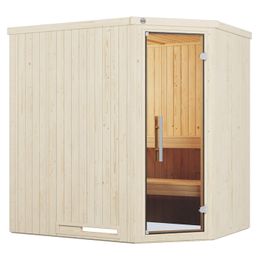 Weka Sauna "Element-Ecksauna VARBERG 1" Saunen vorgefertigte Elemente, moderne Ganzglastür Gr. Bio-Ofen, externe Steuerung, 7,5 kW, weiß