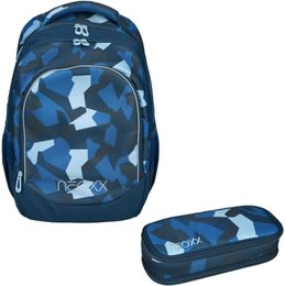 Schulrucksack neoxx "Camo Nation Rucksack & Schlamperbox" Gr. B/H/T: 30cm x 41cm x 22cm, blau Kinder Rucksäcke aus recycelten PET-Flaschen