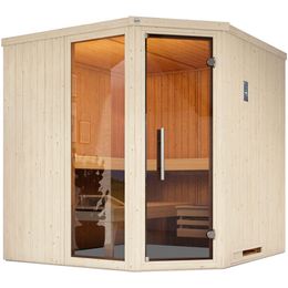 Weka Sauna "Element-Ecksauna VARBERG 3" Saunen vorgefertigte Elemente, moderne Ganzglastür, bodenl. Fensterelement Gr. Saunaofen, externe Steuerung, 0,7 kW, weiß