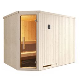 Weka Sauna "Element-Ecksauna VARBERG 4" Saunen vorgefertigte Elemente, moderne Ganzglastür Gr. Bio-Ofen, externe Steuerung, 7,5 kW, weiß