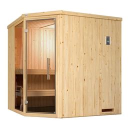 Weka Sauna "Element-Ecksauna VARBERG 2" Saunen vorgefertigte Elemente, Fensterelement, moderne Ganzglastür Gr. Saunaofen, integrierte Steuerung, 5,4 kW, beige (natur)