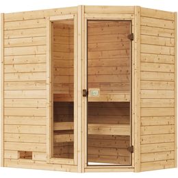 Weka Sauna "Massivholzsauna VALIDA Eck 1" Saunen Blockbohlen, Fensterelement, moderne Glastür Gr. Bio-Ofen, externe Steuerung, 7,5 kW, beige (natur)