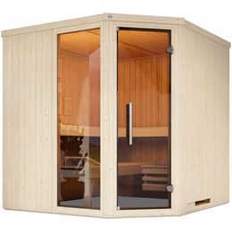 Sauna Weka "Element-Ecksauna VARBERG 3", weiß, ohne Ofen, ohne Steuerung, (ohne Ofen), Saunen, vorgefertigte Elemente, moderne Ganzglastür, bodenl. Fensterelement