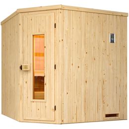 Weka Sauna "Element-Ecksauna VARBERG 2" Saunen vorgefertigte Elemente, isolierte Holztür Gr. Saunaofen, integrierte Steuerung, 5,4 kW, beige (natur)