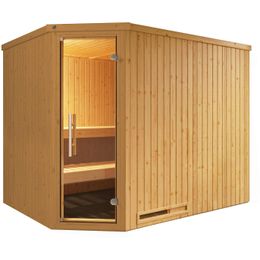 Weka Sauna "Element-Ecksauna VARBERG 4" Saunen vorgefertigte Elemente, moderne Ganzglastür Gr. Saunaofen, integrierte Steuerung, 9 kW, beige (natur)