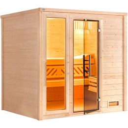 Weka Sauna "Massivholzsauna BERGEN 2" Saunen Blockbohlen, Fensterelement, moderne Ganzglastür Gr. Saunaofen, beige (natur)