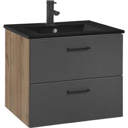 Waschtisch Welltime "Trento in verschiedenen Ausführungen inkl. Waschbecken" Waschtische Gr. Becken schwarz eckig, braun (grau matt, wotaneiche, wotaneiche) Badmöbel in Breite 60 cm, Badschrank Waschplatz mit 2 Schubladen