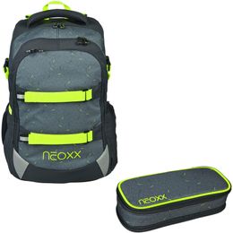 Schulrucksack neoxx "BOOM Rucksack & Schlamperbox", Kinder, Gr. B/H/T: 31cm x 45,5cm x 24cm, grau (neoxx), Polyester, Rucksäcke, aus recycelten PET-Flaschen