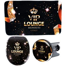 Badaccessoire-Set Sanilo "VIP-Lounge" Badaccessoires-Sets schwarz (schwarz, gold) bestehend aus WC-Sitz, Badteppich und Waschbeckenstöpsel