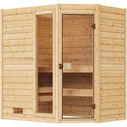 Weka Sauna "Massivholzsauna VALIDA Eck 1" Saunen Blockbohlen, Fensterelement, moderne Glastür Gr. Saunaofen, externe Steuerung, 7,5 kW, beige (natur)