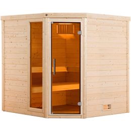 Weka Sauna "Massivholzsauna TURKU 1" Saunen Blockbohlen, Fensterelement, moderne Ganzglastür Gr. Saunaofen, integrierte Steuerung, 9 kW, beige (natur)