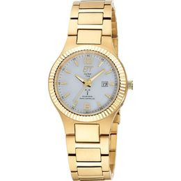 Funkuhr ETT "Everest Lady" Armbanduhren goldfarben, grau Damen Armbanduhr, Solar, Damenuhr, analog, automatischer Kalender, Tag