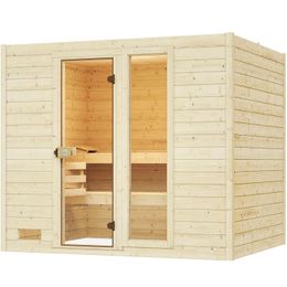 Weka Sauna "Massivholzsauna VALIDA 4" Saunen Blockbohlen, Fensterelement, moderne Ganzglastür Gr. Saunaofen, integrierte Steuerung, 9 kW, beige (natur)