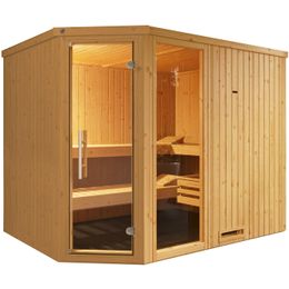 Weka Sauna "Element-Ecksauna VARBERG 4" Saunen vorgefertigte Elemente, Fensterelement, moderne Ganzglastür Gr. Bio-Ofen, externe Steuerung, 9 kW, beige (natur)