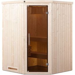 Weka Sauna "Element-Ecksauna KIRUNA 1" Saunen vorgefertigte Elemente, moderne Ganzglastür, Eckeinstig Gr. Saunaofen, integrierte Steuerung, 3,6 kW, beige (natur)