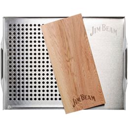 Grillerweiterung JIM BEAM BBQ "Edelstahl-Platte" Grillroste Gr. B/H/L: 41cm x 1,5cm x 31cm, grau (grau, braun) 59x30 cm, mit Zedernholz Räucherbrett für Grillgut, Fisch, Gemüse