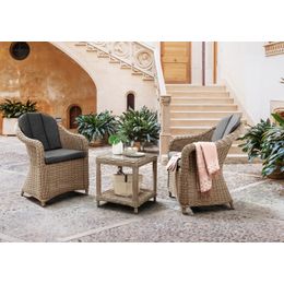 Balkonset Destiny "MALAGA MERANO" Sitzmöbel-Sets Gr. B/H/T: 62 cm x 85 cm x 70 cm, Polyester, Balkonset, braun (natur, meliert, natur, beige, beige) Polyrattan, 2 Sessel + Beistelltisch 46x47x50 cm, inkl. Auflagen