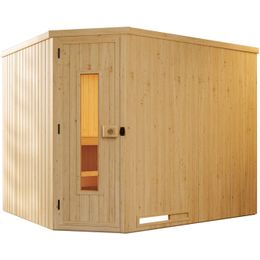 Weka Sauna "Element-Ecksauna VARBERG 4" Saunen vorgefertigte Elemente, isolierte Holztür Gr. Saunaofen, integrierte Steuerung, 0,9 kW, beige (natur)