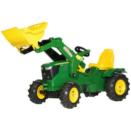 Tretfahrzeug Rolly Toys "John Deere 6210R" Tretfahrzeuge grün Kinder Kindertraktor mit Lader und Luftbereifung