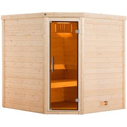 Sauna Weka "Massivholzsauna TURKU 1", beige (natur), Saunaofen, externe Steuerung, 7,5 kW, Saunen, Blockbohlen, moderne Ganzglastür