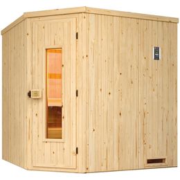 Weka Sauna "Element-Ecksauna VARBERG 2" Saunen vorgefertigte Elemente, isolierte Holztür Gr. Bio-Ofen, externe Steuerung, 7,5 kW, beige (natur)