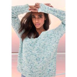 V-Ausschnitt-Pullover Buffalo Gr. 32/34, blau (blau, creme) Damen Pullover aus weichem Chenille, Strickpullover, kuschelig weich, Pastell