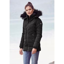 Winterjacke ALPENBLITZ "Pistenglück", Damen, Gr. 36, schwarz (schwarz (jacke aus nachhaltigem material)), Web, Obermaterial: 100% Polyester. Futter: 100% Polyester. Besatz: 80% Polyacryl, 20% Polyester. Wattierung: 100% Polyester. Bündchen: 95% Polyester, 5% Elasthan, unifarben, kontrastfarbene Details, casual, figurumspielend Po-bedeckend, Rundhals, Langarm Ärmel mit Ärmelschlitz Strickbündchen m