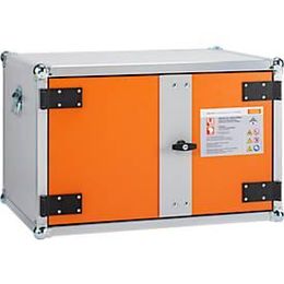 CEMO Akku-Ladeschrank Premium 8/5, 1-phasig, LockEX Türverriegelung, strombetriebener Rauchmelder, akustischer Alarm, belüftet, ohne Stapelfüße, B 890 x T 660 x H 520 mm, lichtgrau/reinorange