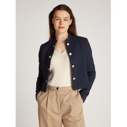 Kurzblazer Tommy Hilfiger "PUNTO SHORT SB BLAZER JACKET" Gr. 46, blau (schwarz night navy), Damen, Web, Obermaterial: 68% Polyester, 28% Viskose, 4% Elasthan, unifarben, Blazer, mit goldfarbenen Knöpfen