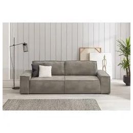 3-Sitzer Home Affaire "SHERWOOD Schlafsofa (257cm) Cord, Samtvelours, Vintage-Lederoptik" Sofas Gr. B/H/T: 257cm x 85cm x 106cm, Vintage, grau (mittelgrau) Liegefläche ca. 136200cm und Bettkasten.