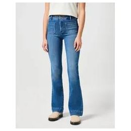 Mendler Bootcut-Jeans WRANGLER "Flare" Gr. 34, Länge 34, blau (raven), Damen, Denim/Jeans, Obermaterial: 80% Baumwolle, 18% Polyester, 2% Elasthan, unifarben, Jeans, im Retro-Design mit ausgestelltem Bein