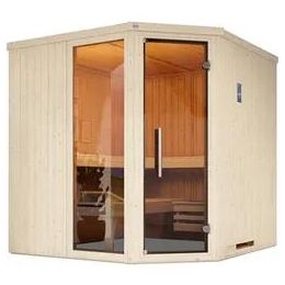 Weka Sauna "Element-Ecksauna VARBERG 3" Saunen vorgefertigte Elemente, moderne Ganzglastür, bodenl. Fensterelement Gr. Saunaofen, externe Steuerung, 0,7 kW, weiß