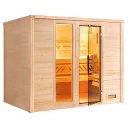 Weka Sauna "Massivholzsauna BERGEN 3" Saunen Blockbohlen, Fensterelement, moderne Ganzglastür Gr. Saunaofen, externe Steuerung, 9 kW, beige (natur)