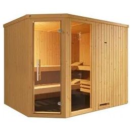 Weka Sauna "Element-Ecksauna VARBERG 4" Saunen vorgefertigte Elemente, Fensterelement, moderne Ganzglastür Gr. Saunaofen, integrierte Steuerung, 9 kW, beige (natur)