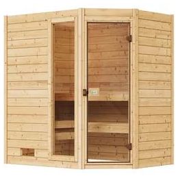 Weka Sauna "Massivholzsauna VALIDA Eck 1" Saunen Blockbohlen, Fensterelement, moderne Glastür Gr. Saunaofen, externe Steuerung, 4,5 kW, beige (natur)