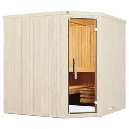 Weka Sauna "Element-Ecksauna VARBERG 3" Saunen vorgefertigte Elemente, moderne Ganzglastür Gr. Bio-Ofen, externe Steuerung, 7,5 kW, weiß