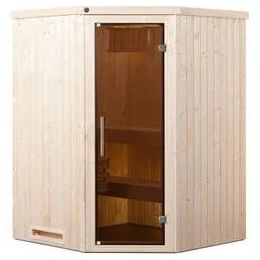 Weka Sauna "Element-Ecksauna KIRUNA 1" Saunen vorgefertigte Elemente, moderne Ganzglastür, Eckeinstig Gr. Saunaofen, integrierte Steuerung, 3,6 kW, beige (natur)