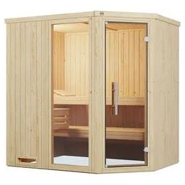 Weka Sauna "Element-Ecksauna VARBERG 1" Saunen vorgefertigte Elemente, Fensterelement, moderne Ganzglastür Gr. Bio-Ofen, externe Steuerung, 4,5 kW, beige (natur)