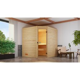 Weka Sauna "Massivholzsauna VALIDA Eck 2" Saunen Blockbohlen, Eckeinstieg, moderne Ganzglastür Gr. Saunaofen, integrierte Steuerung, 9 kW, beige (natur)