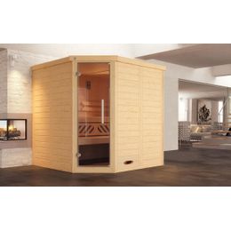 Weka Sauna "Design-Sauna KEMI Eck 1" Saunen naturbelassenes Fichtenholz, moderne Glastür Gr. ohne Ofen, ohne Steuerung, beige (natur)