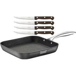 Pinti Inox Grillpfanne PINTINOX "ST1" Pfannen Gr. Ø 26cm, grau (schwarz, edelstahlfarben) Induktionsgeeignet, inkl. 4 Steakmessern