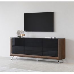 Sideboard LEONIQUE "Kasai" Sideboards Gr. B/H/T: 199cm x 81cm x 44cm, wallnut columbia/schwarz hgl, schwarz (wallnut columbia, hgl) Breite 199 cm, mit 3 Türen